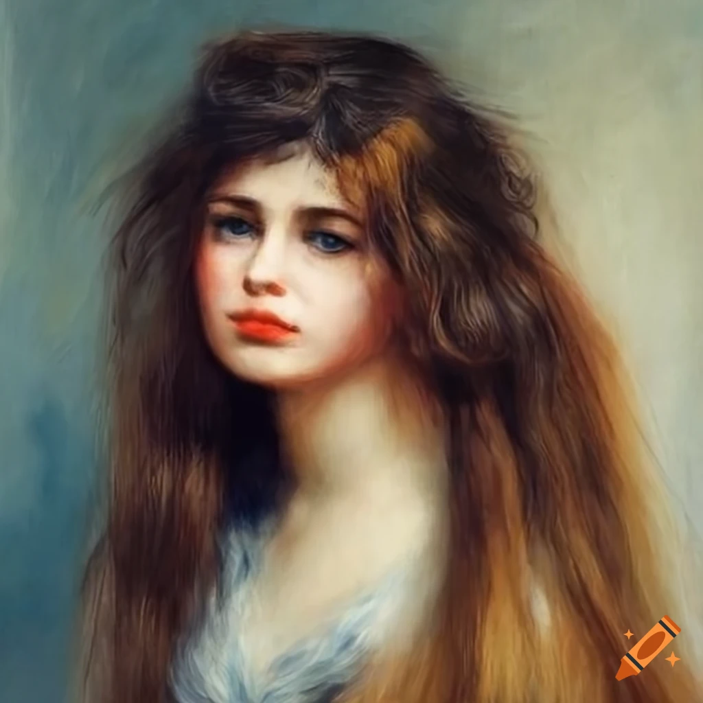 Woman with long fluffy hair in the style of renoir on Craiyon