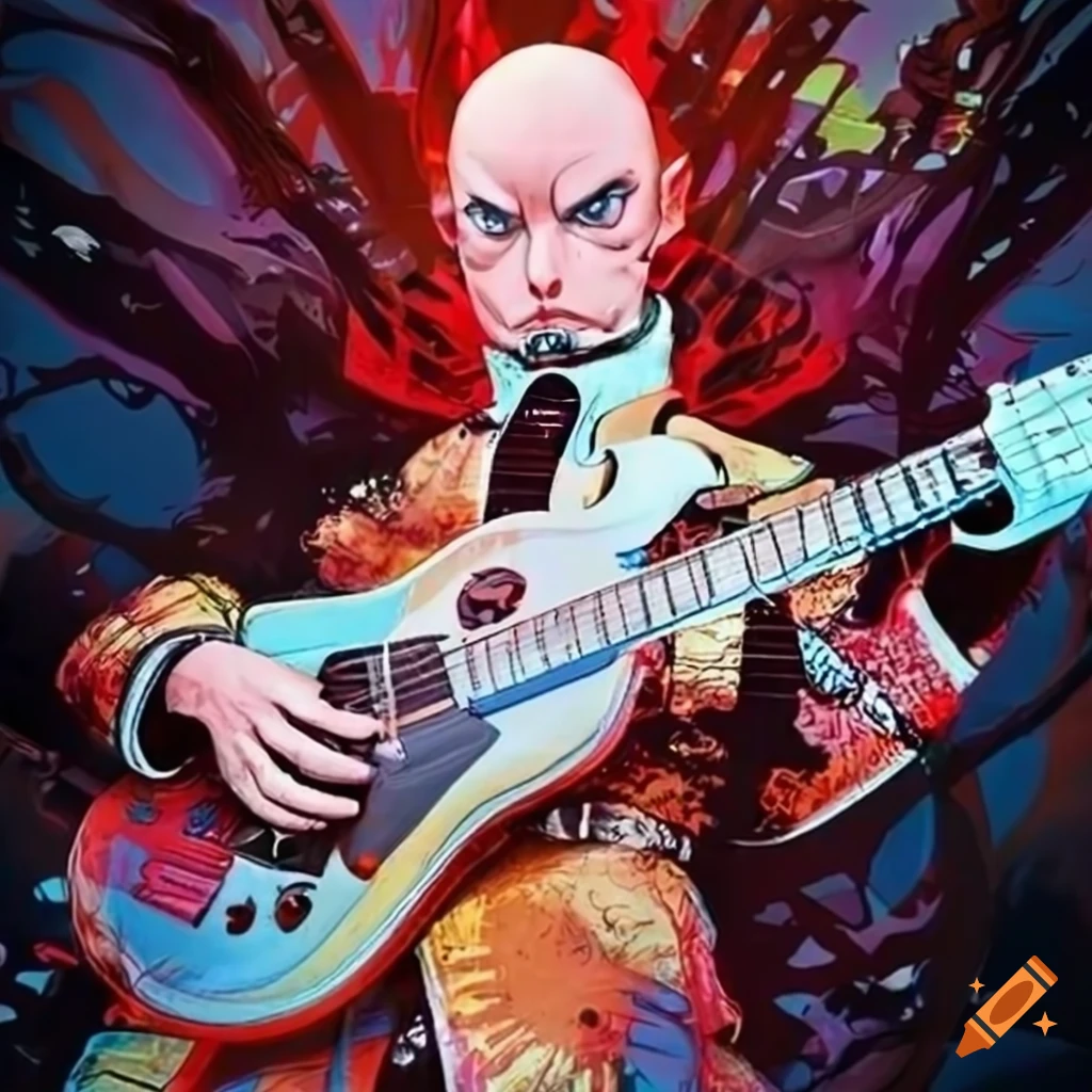 Cartoon punk guitarist with heavy metal leather attire on Craiyon