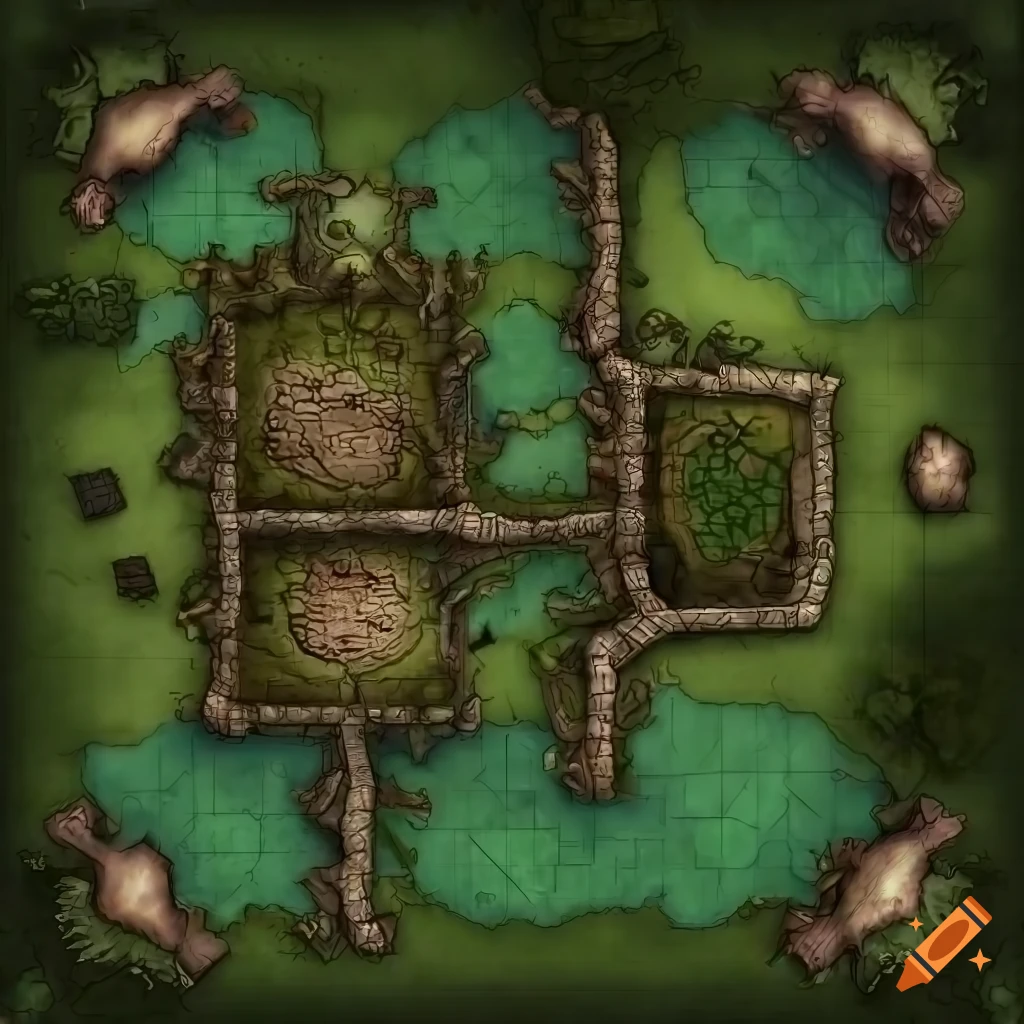 Top view of a fantasy swamp in a strategy game map grid on Craiyon