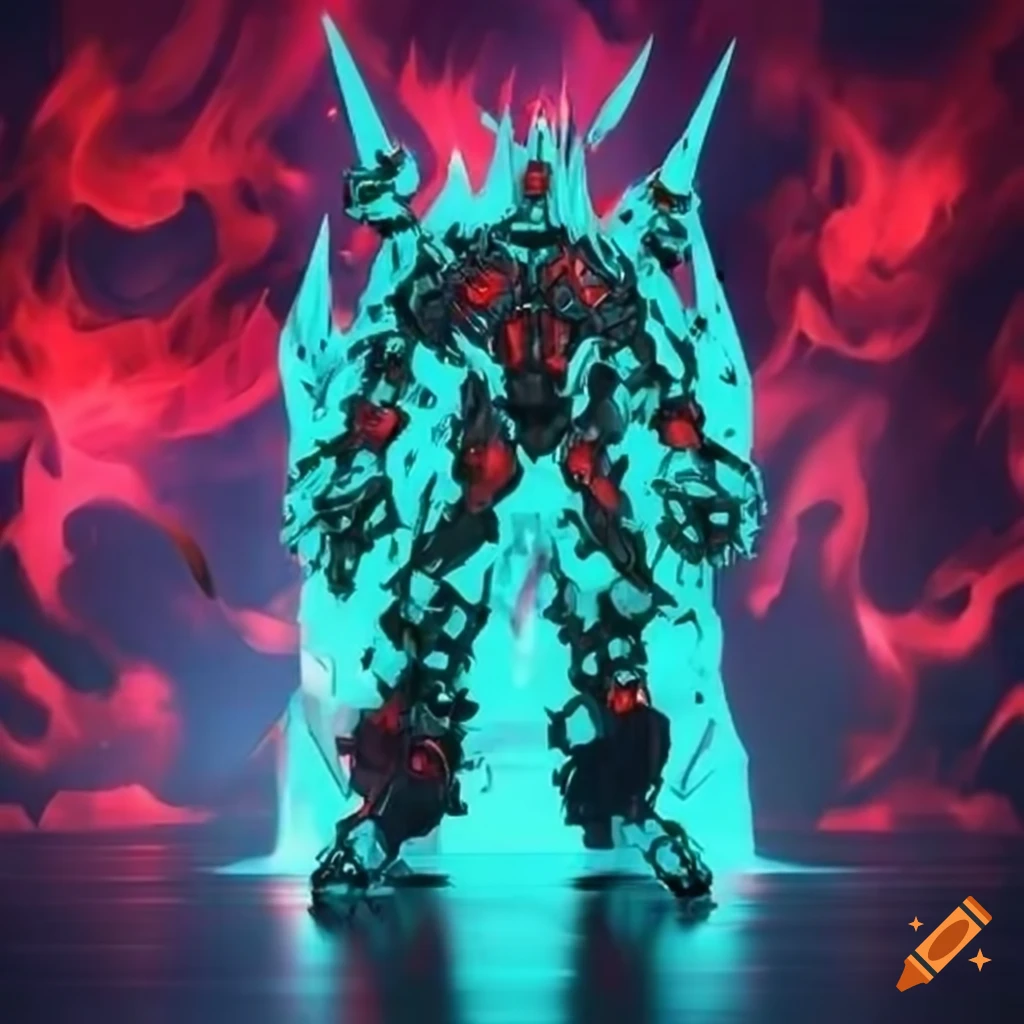 Stunning humanoid mecha design inspired by gurren lagann engulfed in vibrant cyan flames on Craiyon