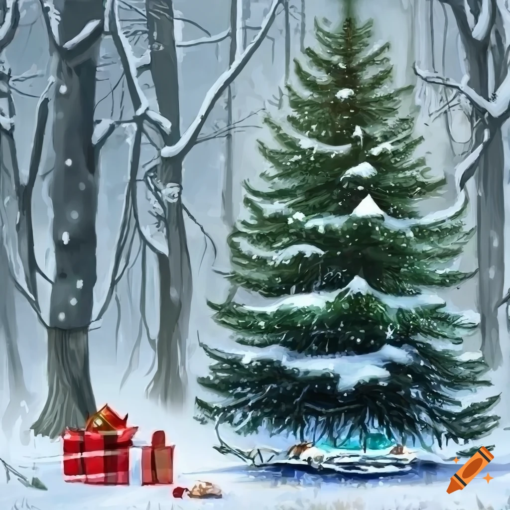 Realistic painting of a christmas tree in a snowy forest clearing with ...