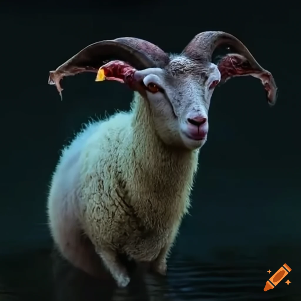 Sheep looking into water with goat reflection on Craiyon