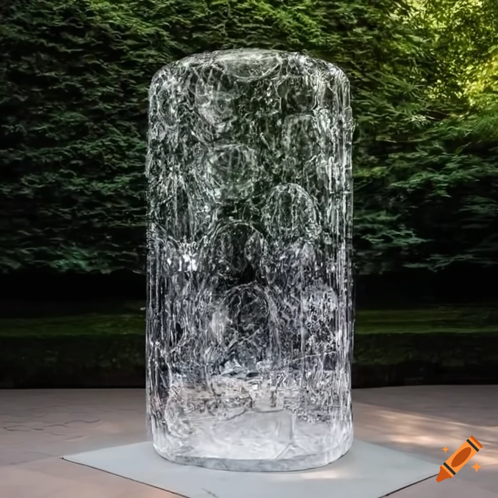 Translucent sculpture on sturdy pedestal in a courtyard on Craiyon