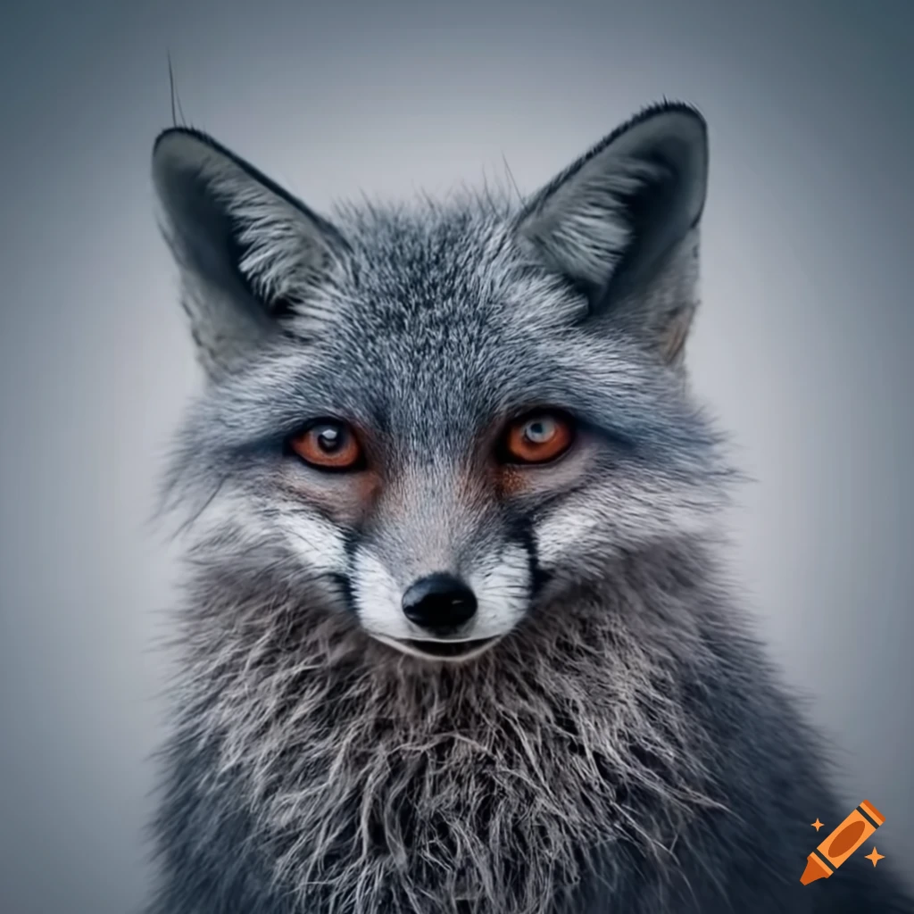 Fierce silver fox with intense eyes standing on a mountain peak on Craiyon