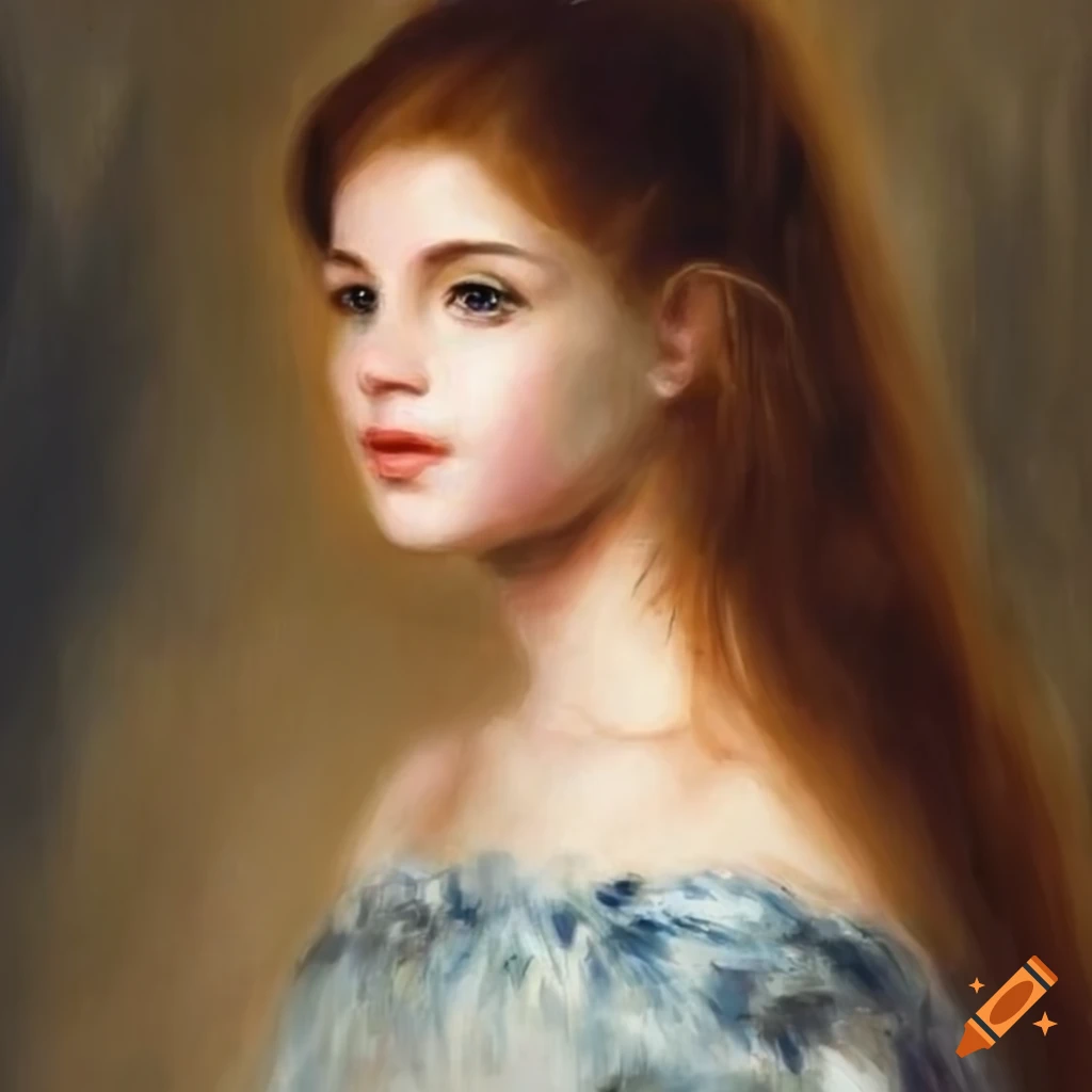 Woman with long fluffy hair in the style of renoir on Craiyon