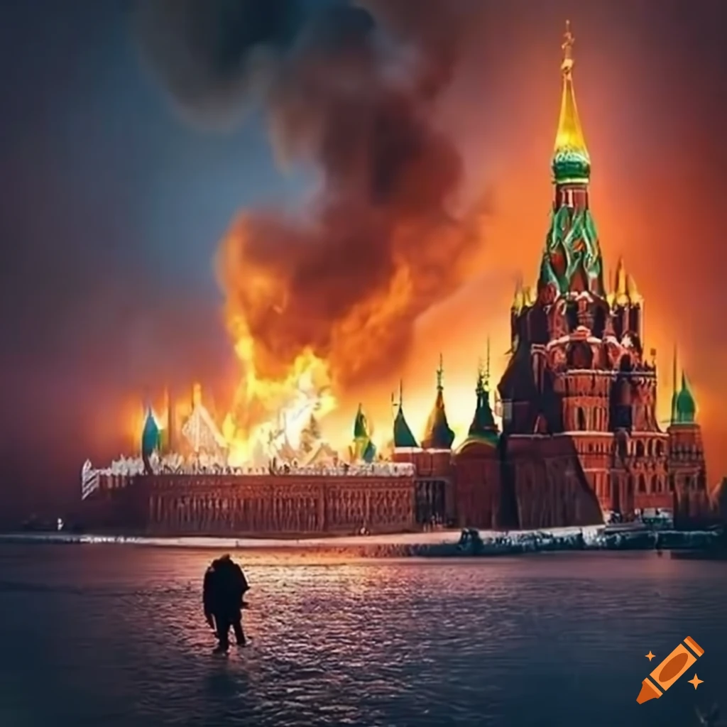 Detailed portrayal of the Kremlin on fire on Craiyon