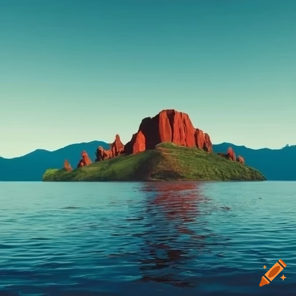Low island in an inland sea with red cliffs and canoes on the lake on ...