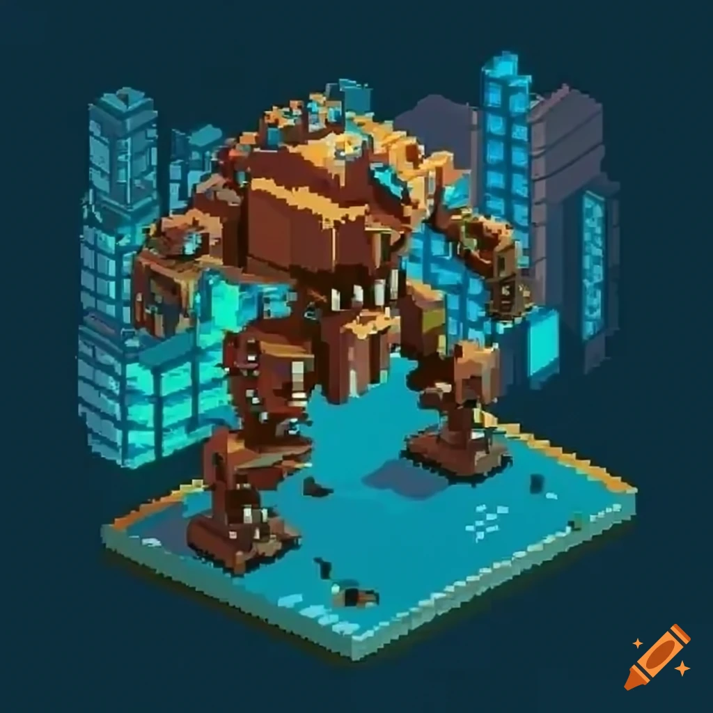Isometric pixel art battle with giant mechs fighting kaiju in a city on ...