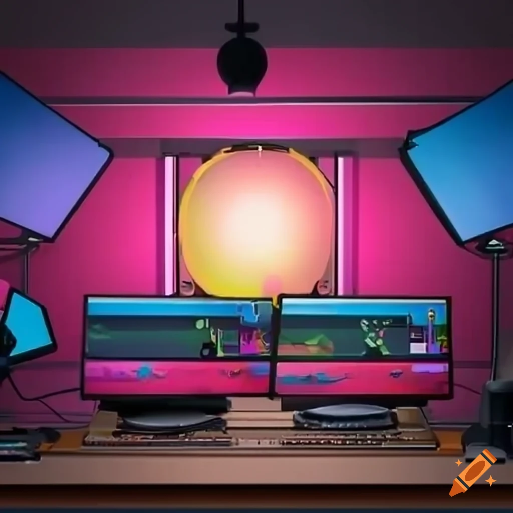 Bright and colorful cartoon-style video editing studio on Craiyon