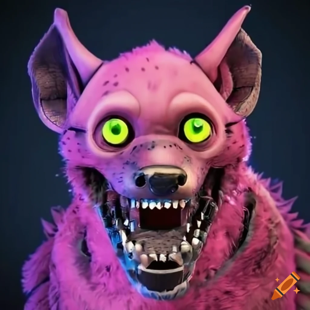 Smiling pink hyena robot animatronic on Craiyon