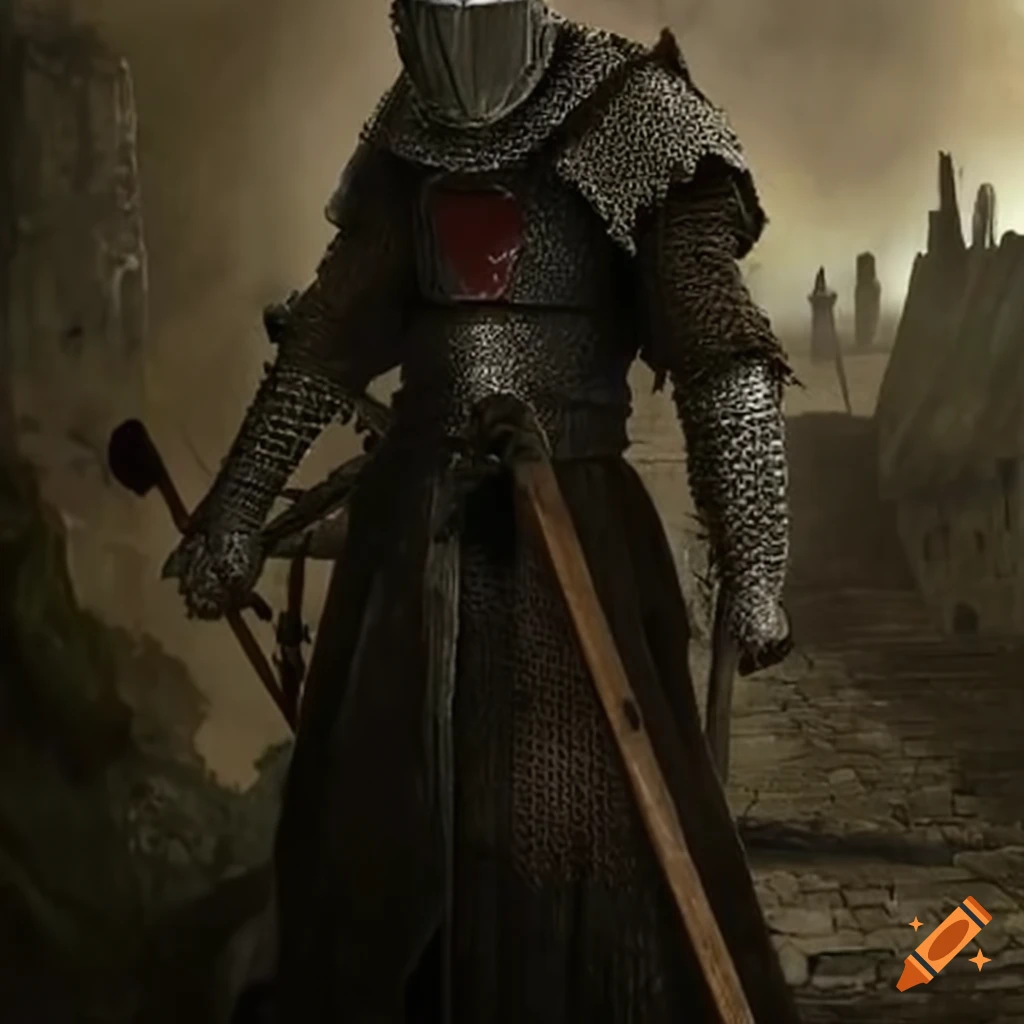 Evil knight standing before a destroyed medieval village on Craiyon