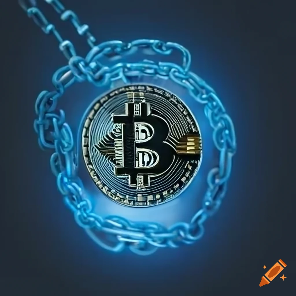 Bitcoin connected with chain in blue on Craiyon
