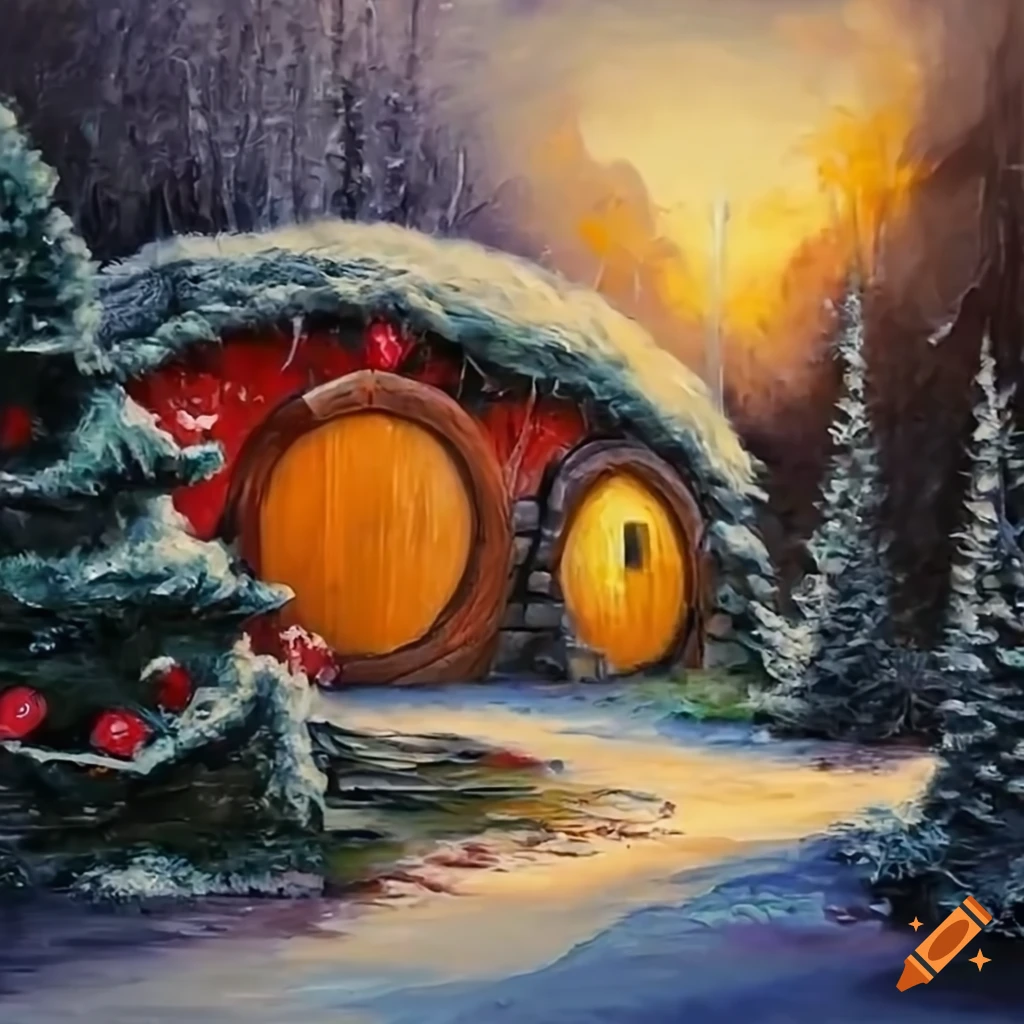 Romantic winter scene with Christmas trees, hearts, and a hobbit house ...