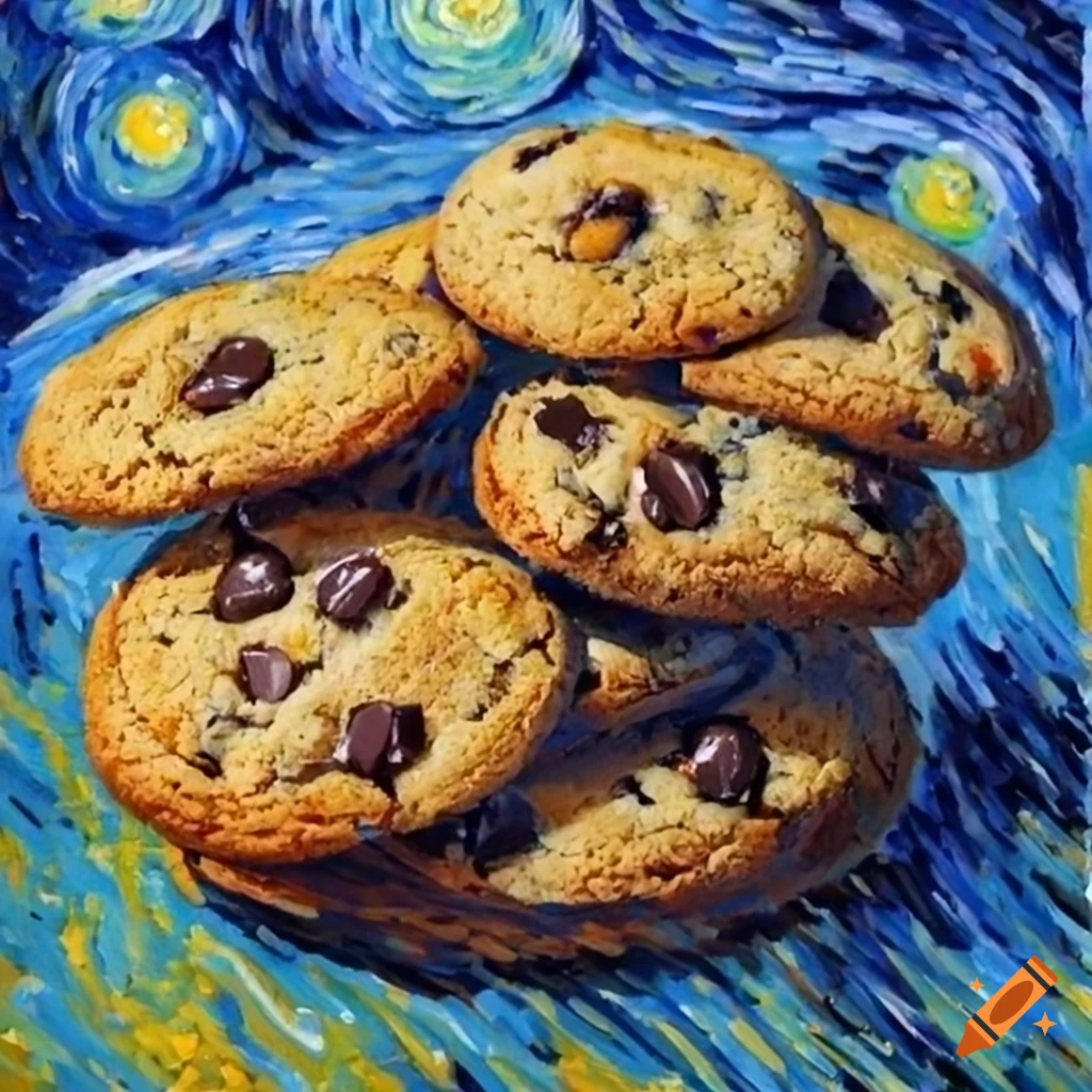 Small chocolate chip cookies in the style of van gogh's starry night ...