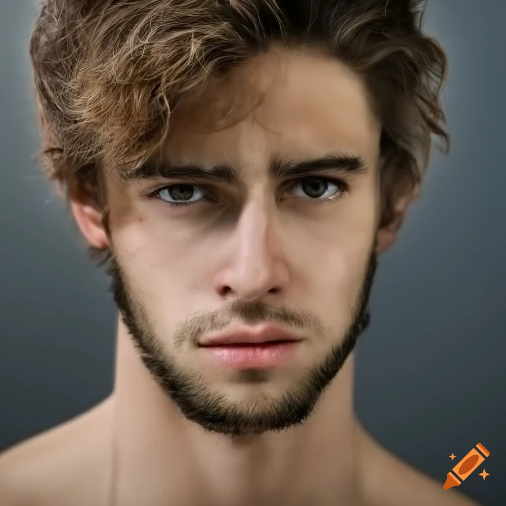 Portrait of a handsome and athletic young man with flowing hair and ...