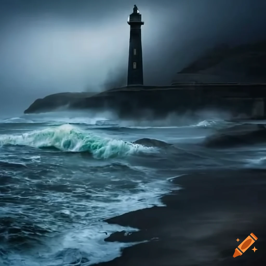 Spooky lighthouse facing sea storm with high waves and rain on Craiyon