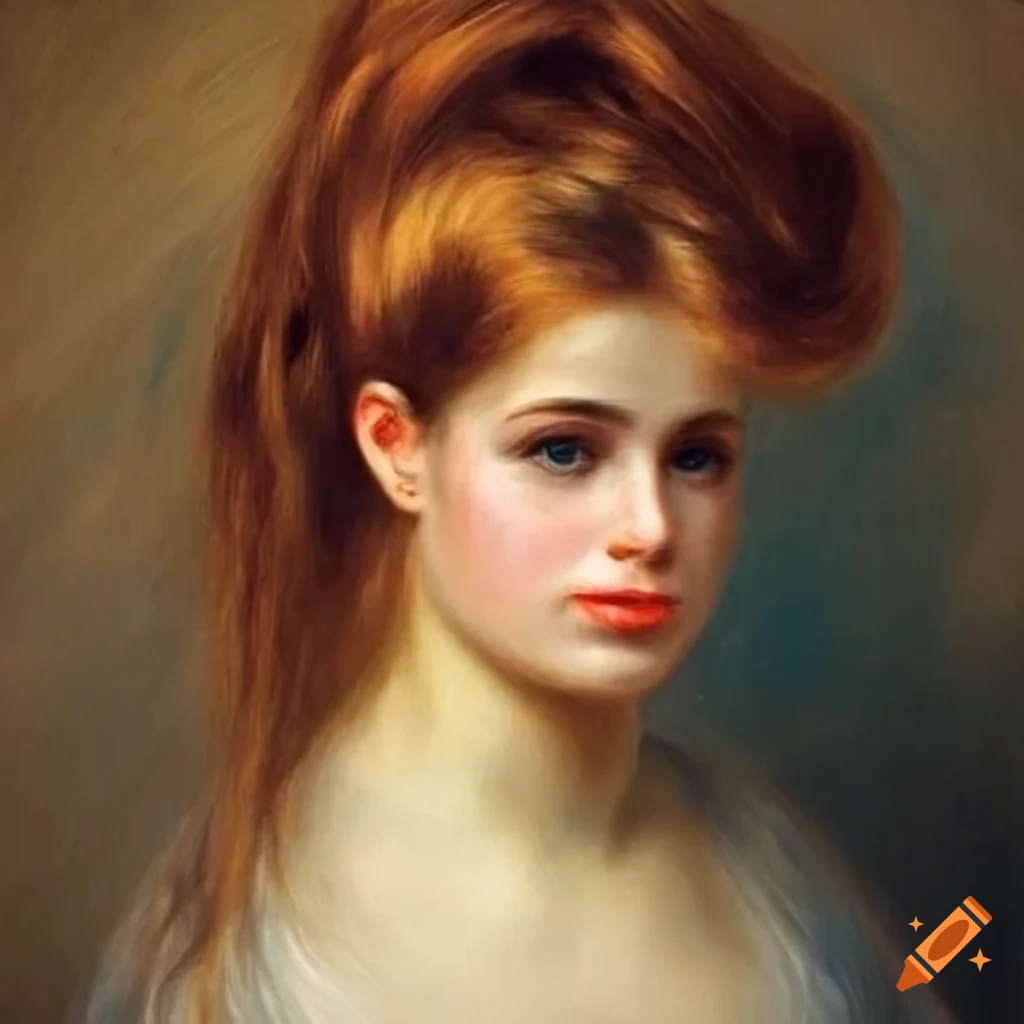 Flirty portrait of a woman with flowing hair in the style of renoir on ...
