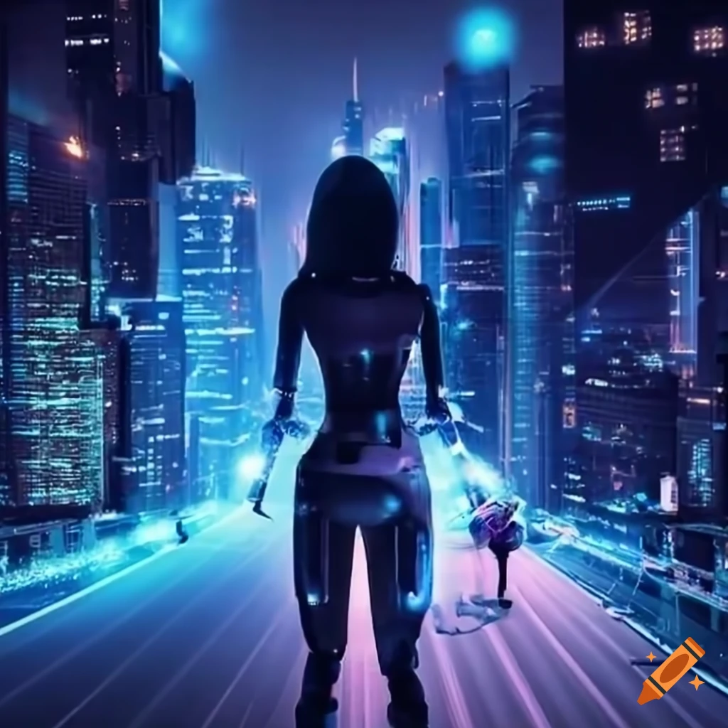 Woman in a futuristic city with robots and skyscrapers on Craiyon