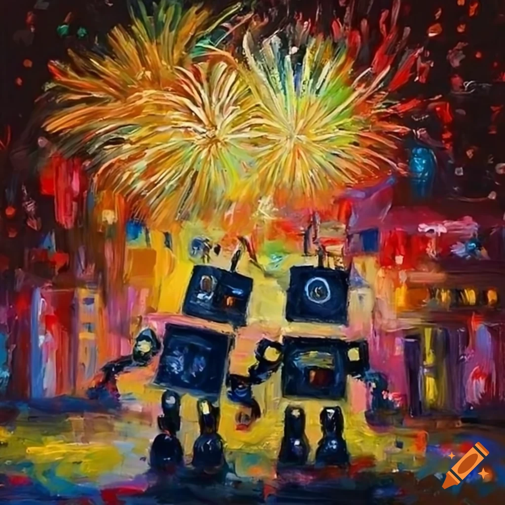 Impressionist painting of a robot new year's eve party on Craiyon