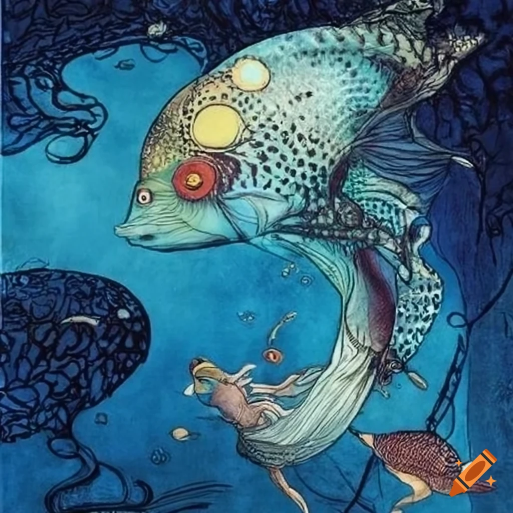 Celestial fish inspired by edmund dulac and yoshitaka amano on Craiyon