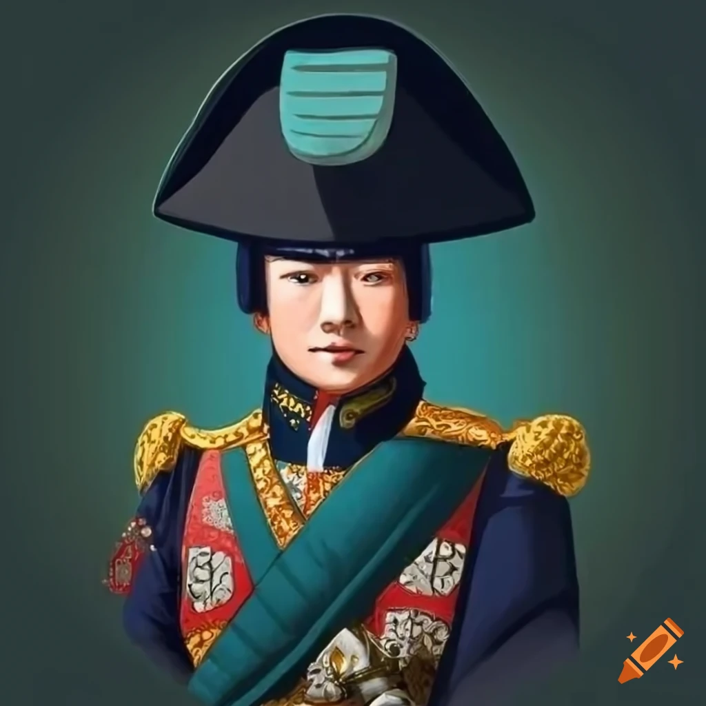 Portrait of a refined Shogun in Napoleonic French bicorne hat in Ukiyo ...