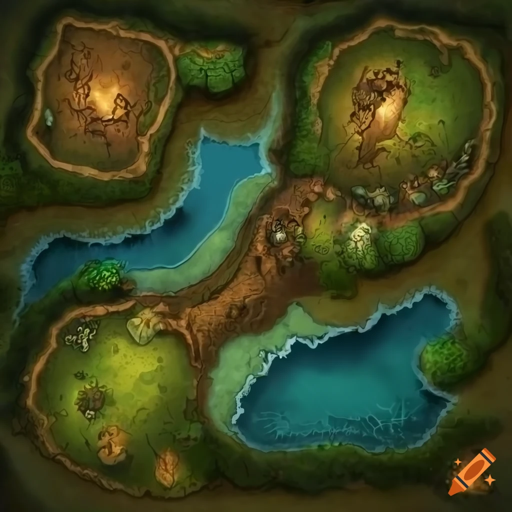 Top view of a swamp-themed strategy map for a fantasy game on Craiyon