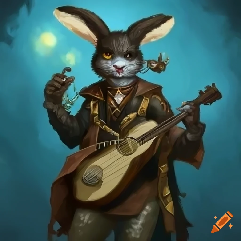 D&d character: humanoid rabbit bard with lute in painterly style on Craiyon