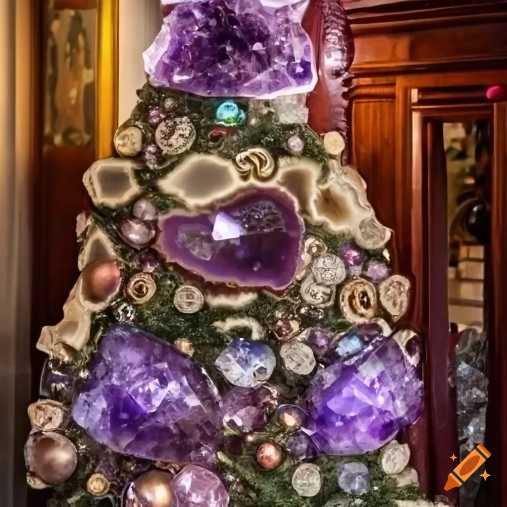Beautifully decorated christmas tree with amethyst, fluorite, agate ...