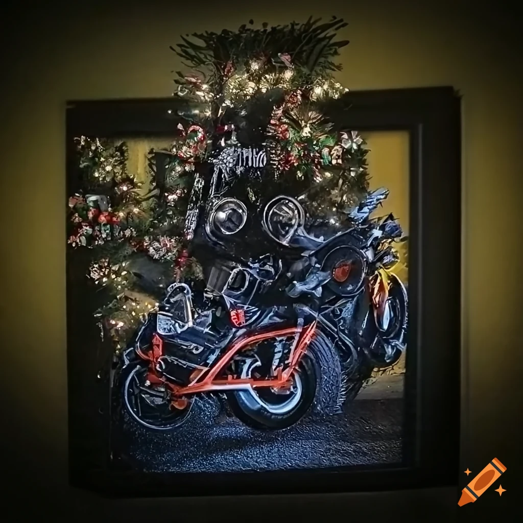 DIY motorcycle-themed Christmas tree with glistening baubles in a cozy ...
