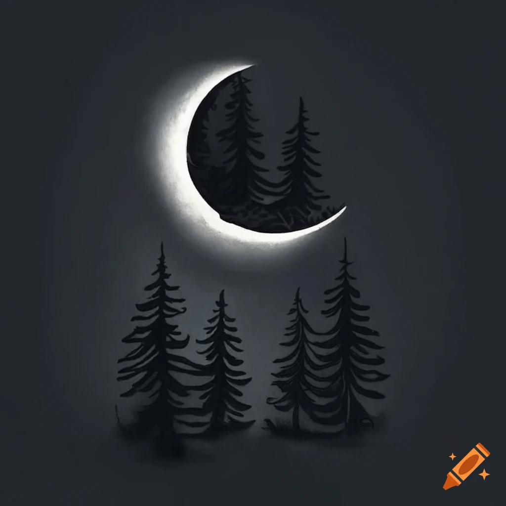 Crescent moon pierced by a black arrow in a dark pine tree setting on ...