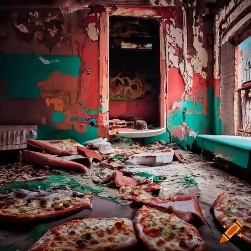 Interior of an abandoned pizza place with a Frank's Pizza Place sign on ...
