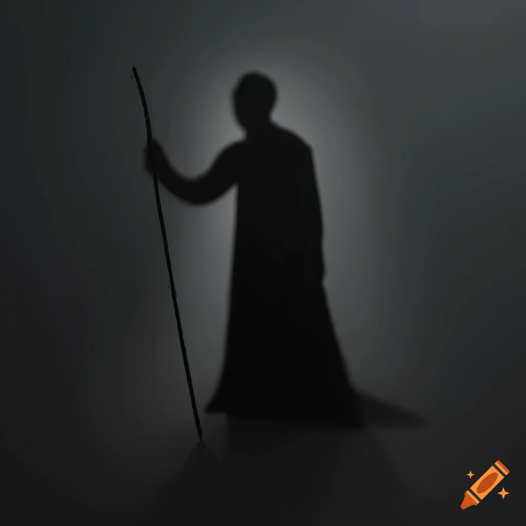 Mysterious human-shaped shadow holding a staff in foggy setting on Craiyon