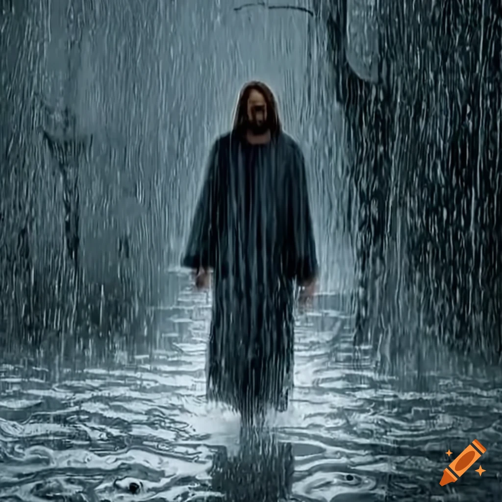 Illustration of jesus walking on water in a rainstorm on Craiyon