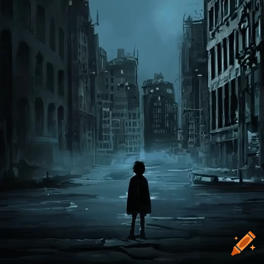 Lost child in a post-apocalyptic city on Craiyon