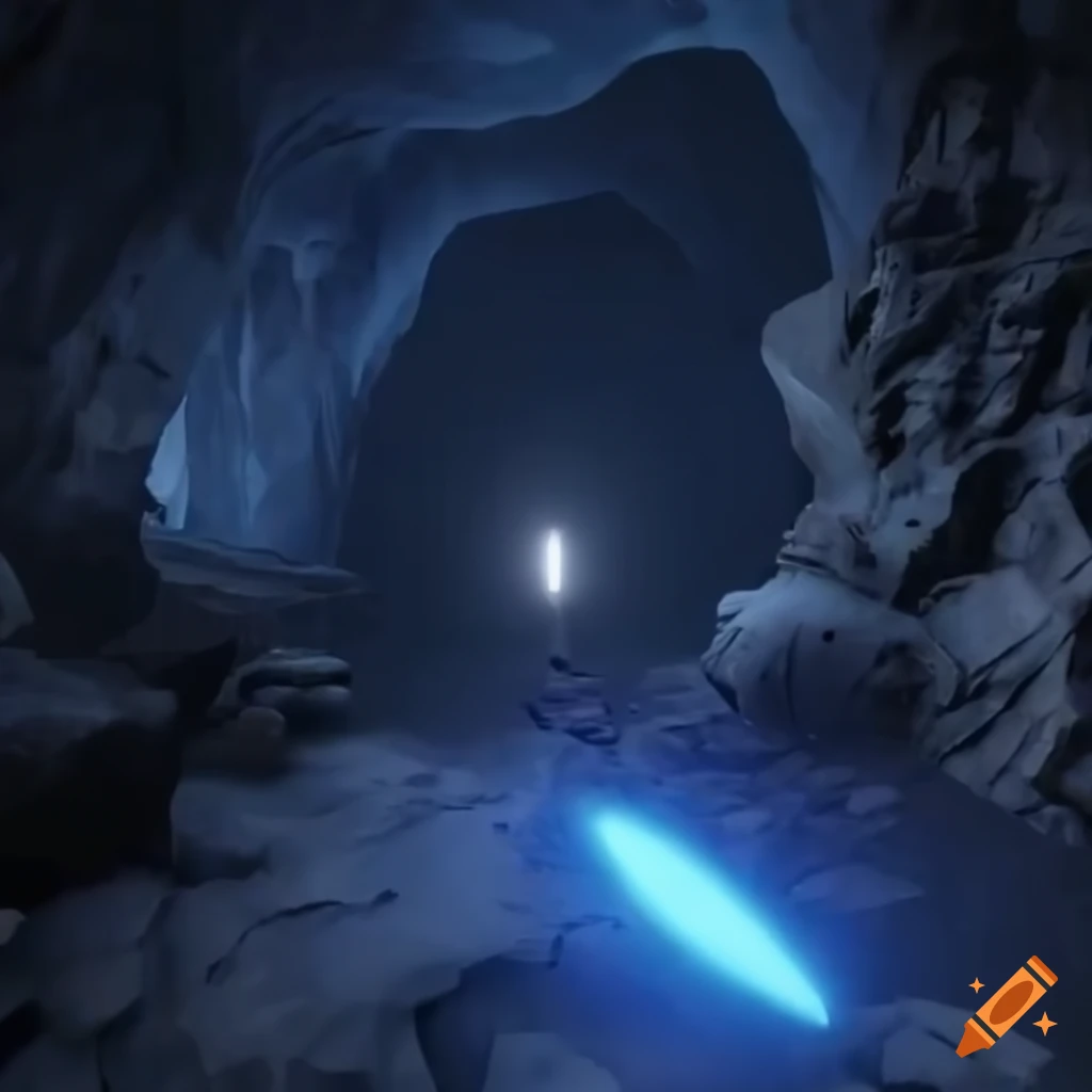 Blue-white magic projectile laser flying in a cave on Craiyon