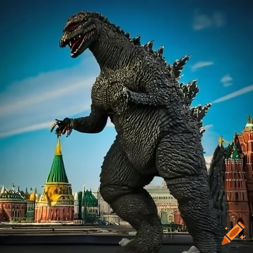 Detailed portrayal of godzilla destroying the kremlin on Craiyon