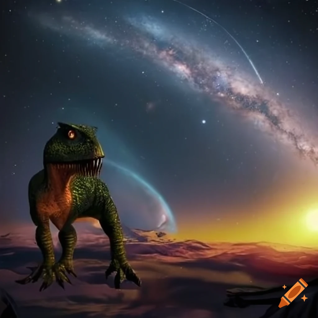Dinosaurs on earth with the milky way galaxy in the background on Craiyon