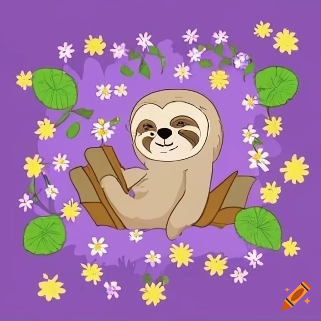 Sleepy sloth in a purple flower field on Craiyon