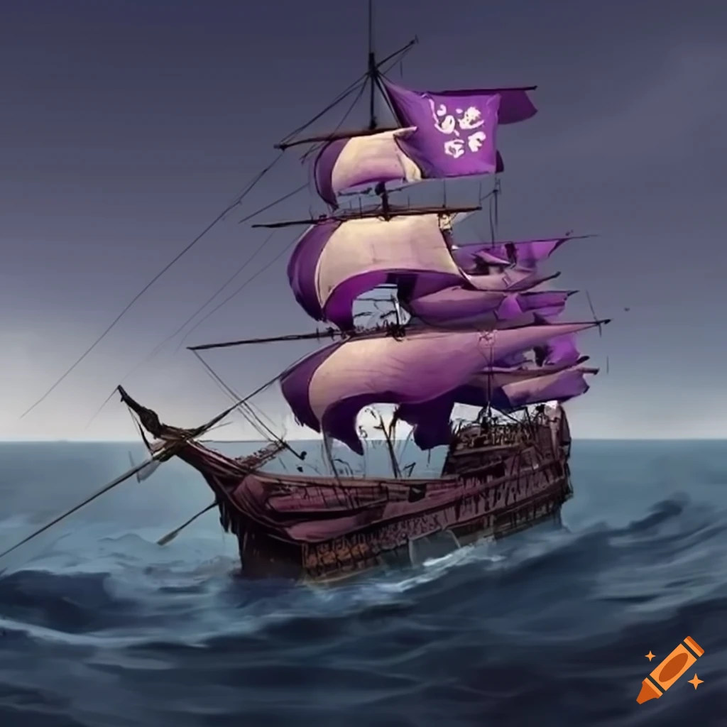 Fantasy brig pirate ship with purple sails in rough waters on Craiyon