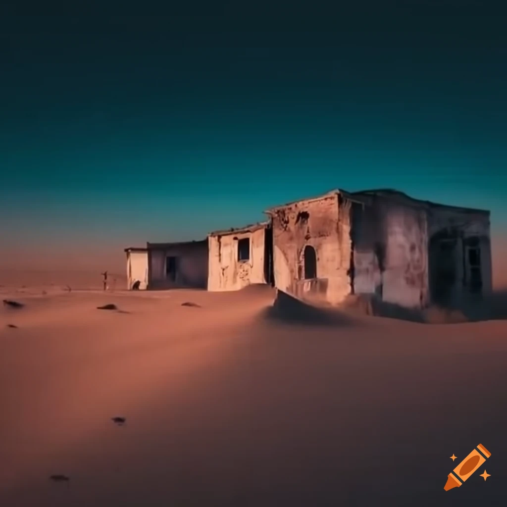 Haunting desert landscape with dilapidated buildings and ghost-like ...