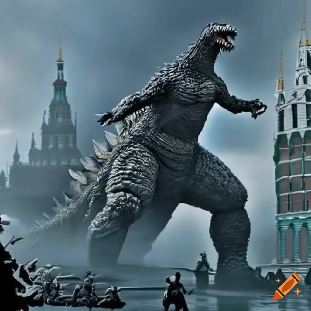 Detailed portrayal of godzilla destroying the kremlin on Craiyon
