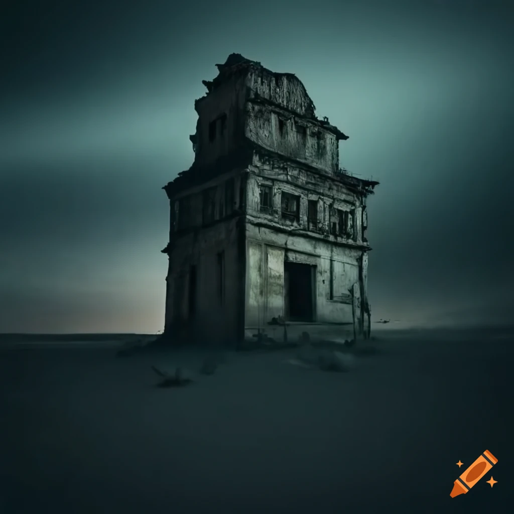 Haunting desert landscape with dilapidated buildings and ghost-like ...