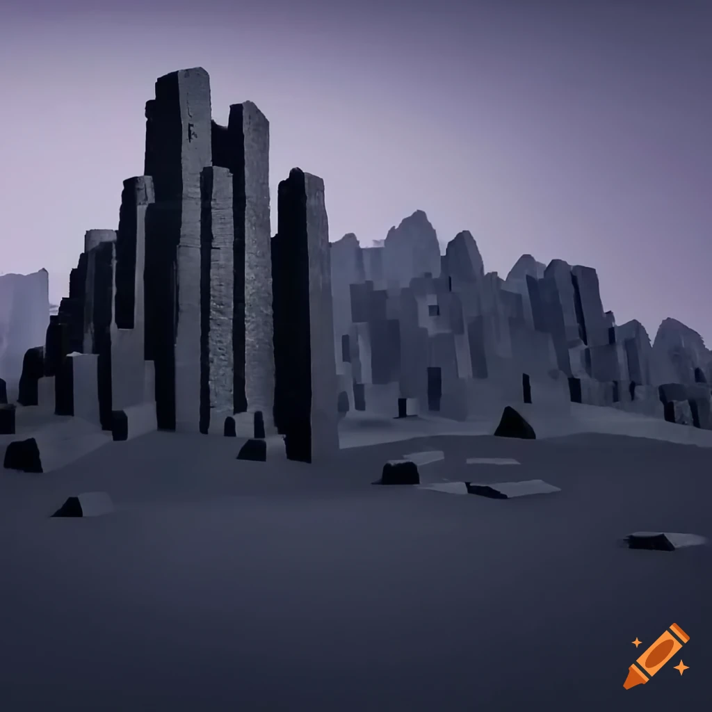 Landscape with black sand, basalt columns, mountain, and black brick ...