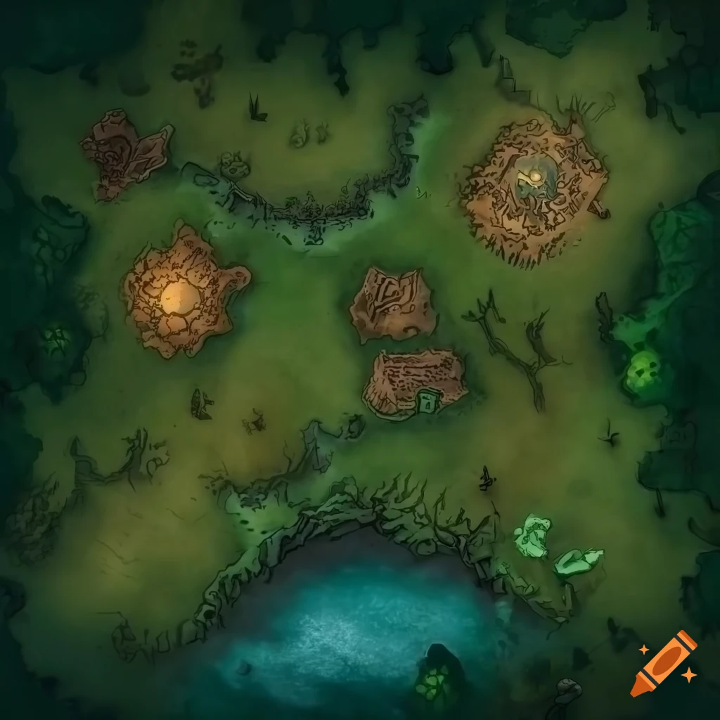 Top view of a swamp-themed strategy map for a fantasy game on Craiyon