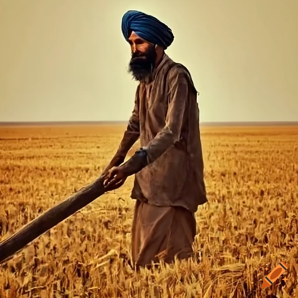 Sikh man harvesting wheat in a field with an old scythe on Craiyon