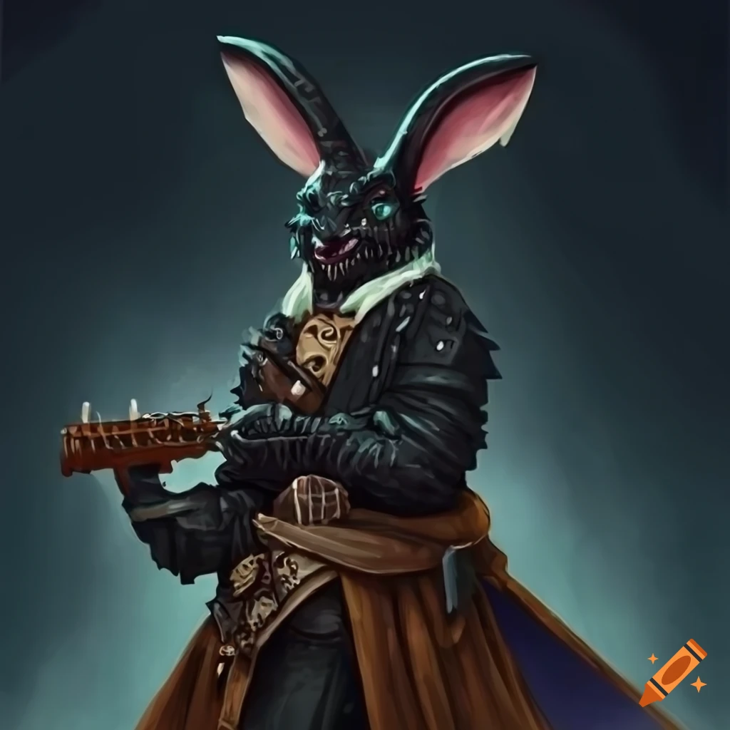 Black humanoid rabbit with a lute, pistol, and corncob pipe in a ...