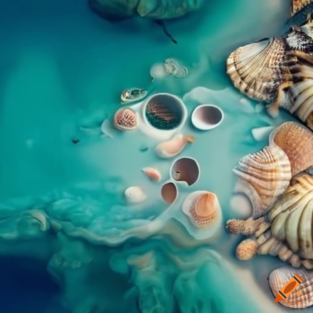 Surreal beach with seashells, waves, exotic flowers, fantastical clouds ...
