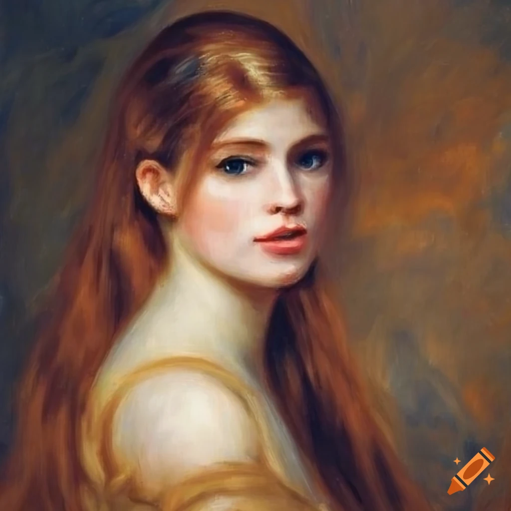 Flirty portrait of a woman with flowing hair in the style of Renoir on ...