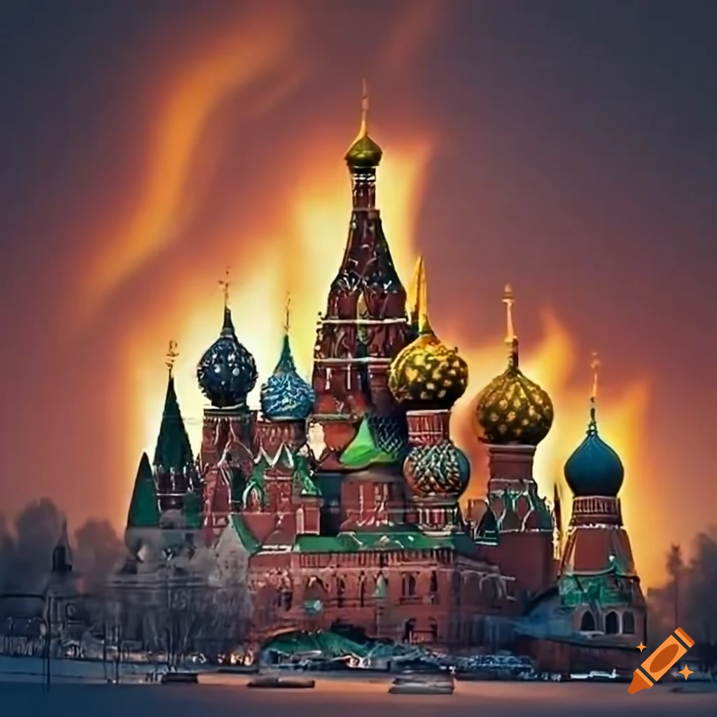Detailed portrayal of the kremlin on fire on Craiyon