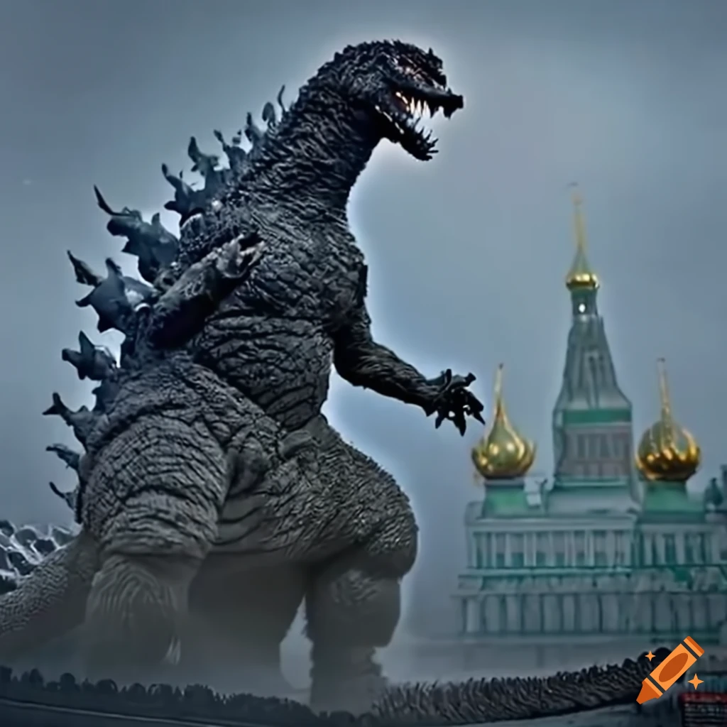 Detailed portrayal of godzilla destroying the kremlin on Craiyon